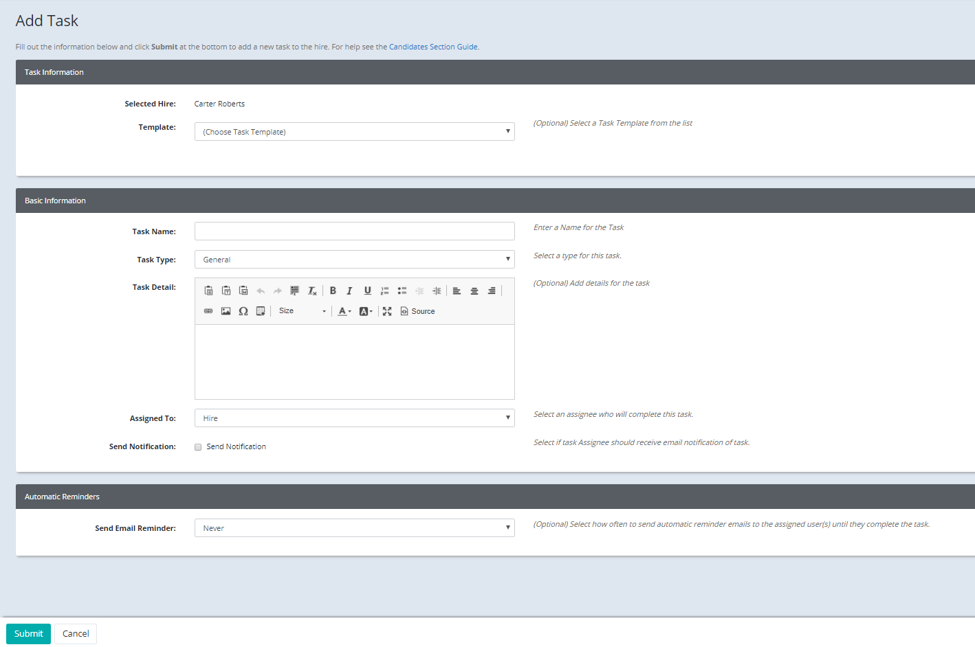 Hire Detail Page in ApplicantStack Onboard