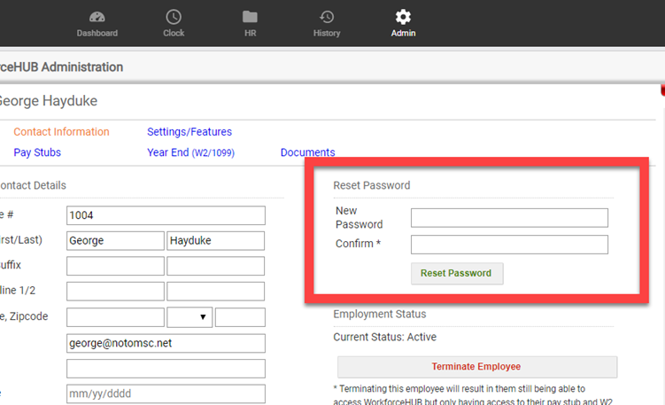 Reset an Employee's HUB Password